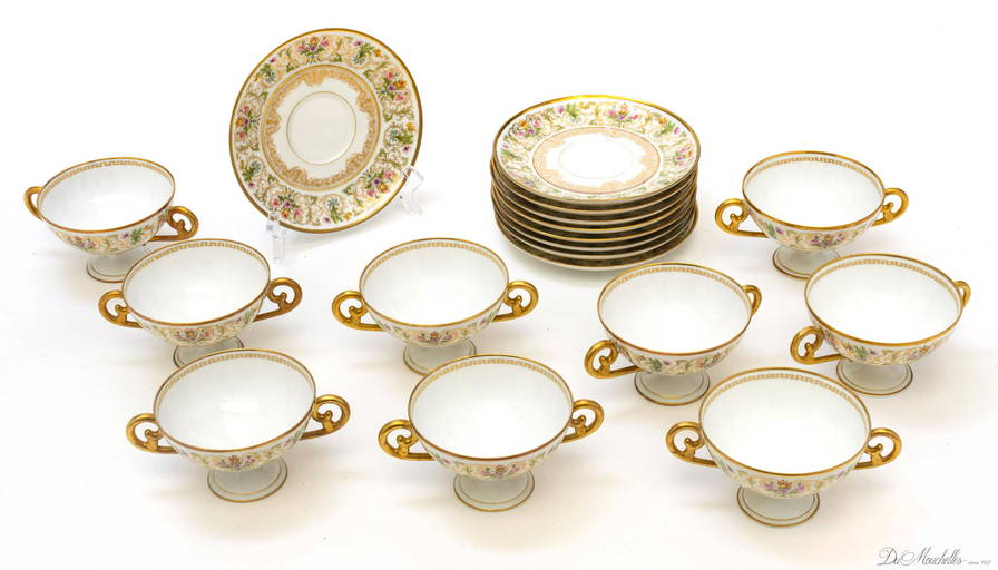 Limoges Porcelain Cream Soups & Saucers, 18 Pcs, Richard Briggs Co. Boston