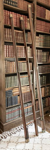 Leather And Wood Retractable Library Ladders, Pair H 92" W 12.5"