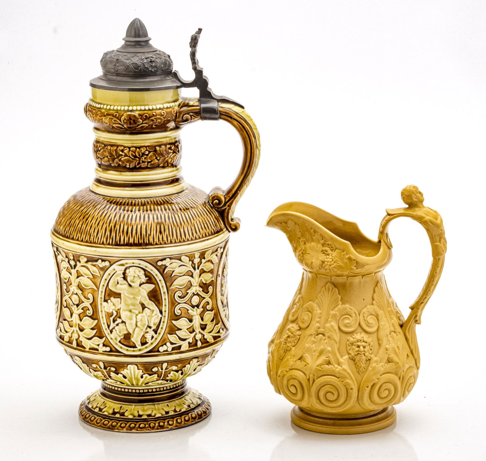 German Ceramic Pitchers, Pewter Lid 19th.c. H 15", 9"