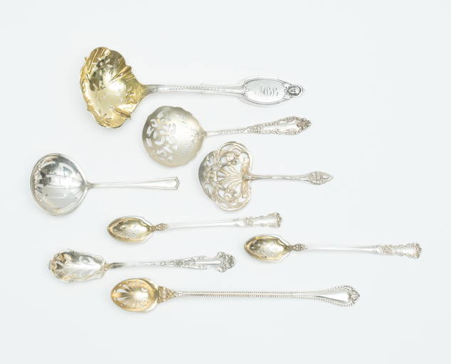 Sterling Silver Pierced Condiment Spoons + Ladle 8 Pieces 5.8 Oz T