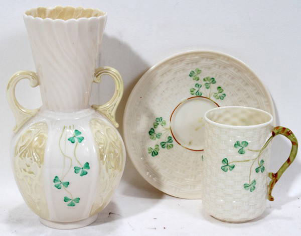 Beleek Vase, 8" And Cup And Saucer