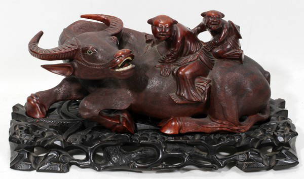 Chinese Carved Wood Water Buffalo & Figures,