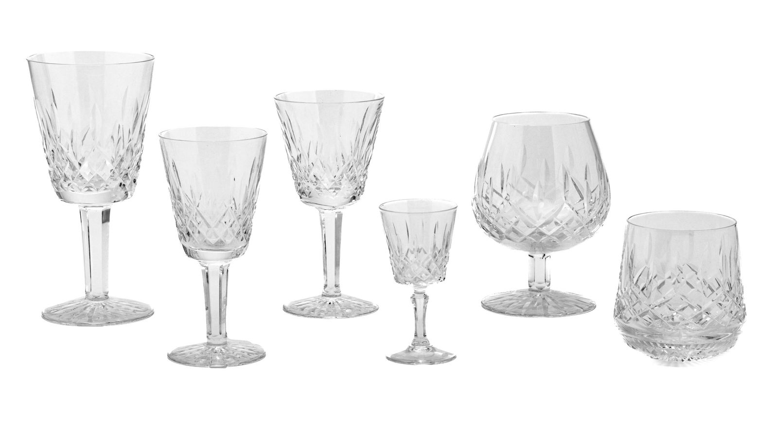 Waterford (irish, 1783) 'lismore' Crystal Stemware, H 7'' Dia. 3.25'' 44 Pcs