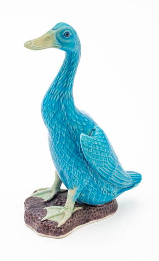 Chinese Porcelain Blue Duck, Impressed Cartouche Ca. 1900, H 9'' Depth 6''