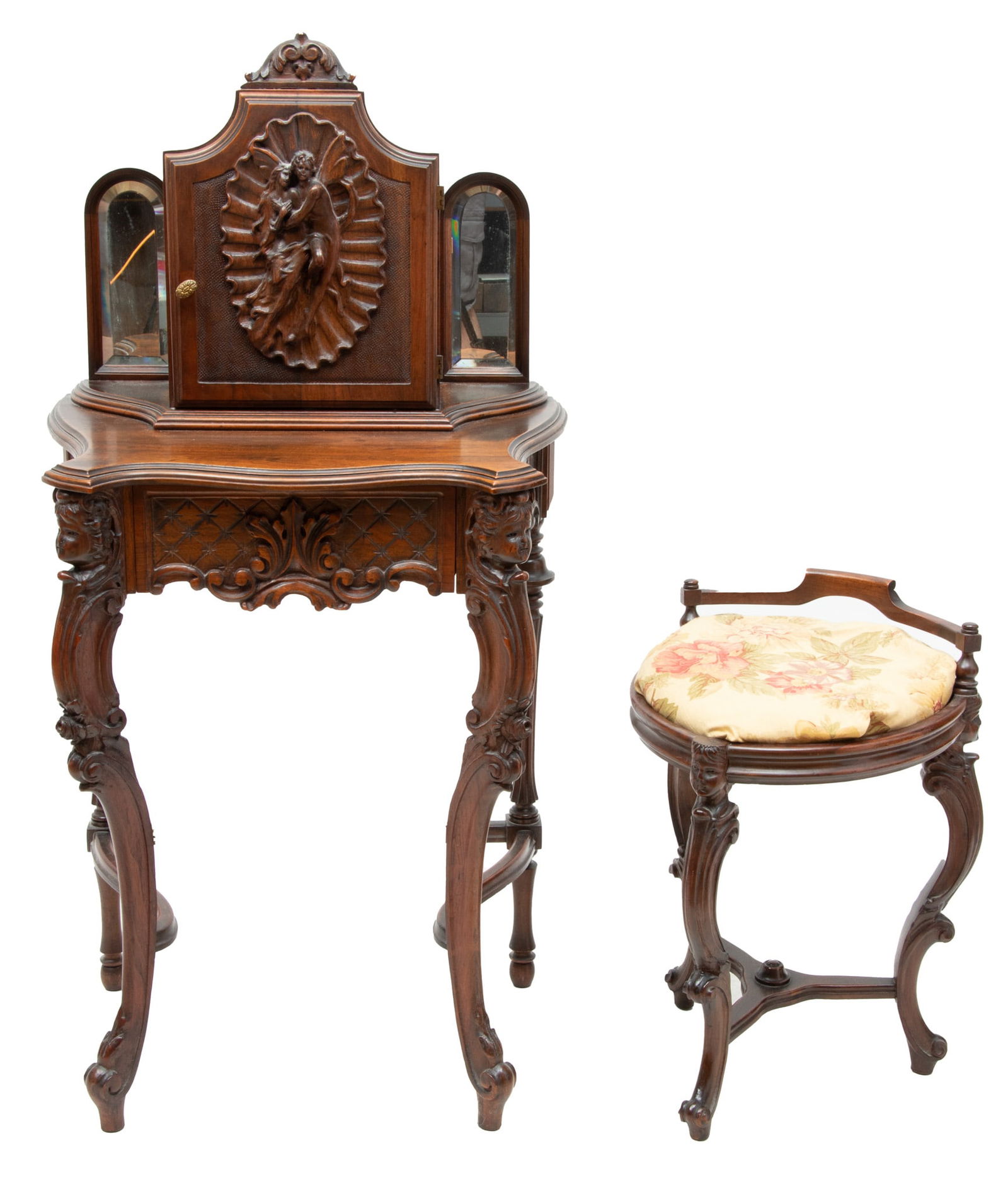 Carved Walnut Telephone Table And Stool, Ca. 1910, H 46" W 24" Depth 17 ...