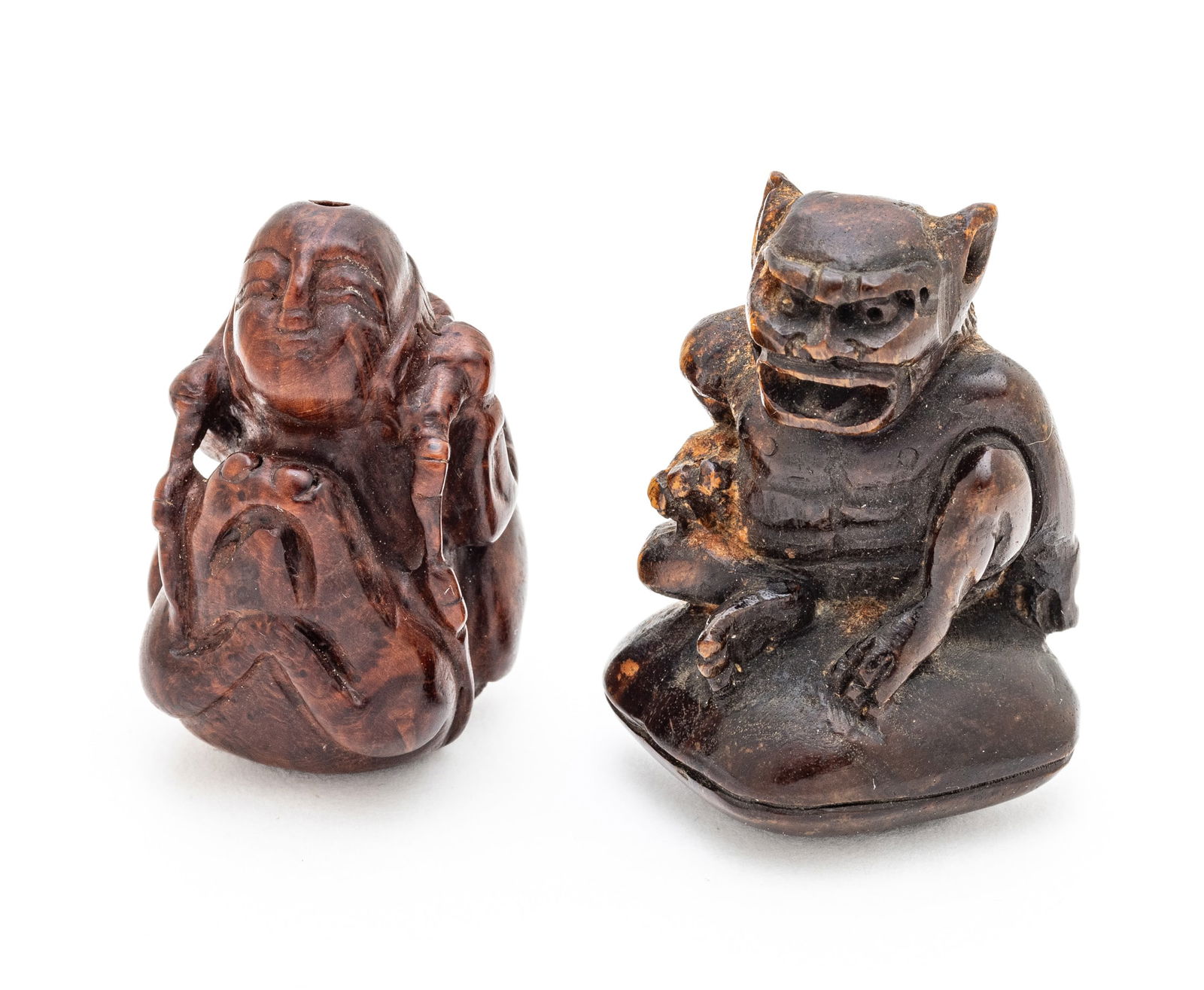 Japanese Carved Wood Netsuke Sculptures, H 1.5" W 1.25" Depth 1" 2 Pcs ...