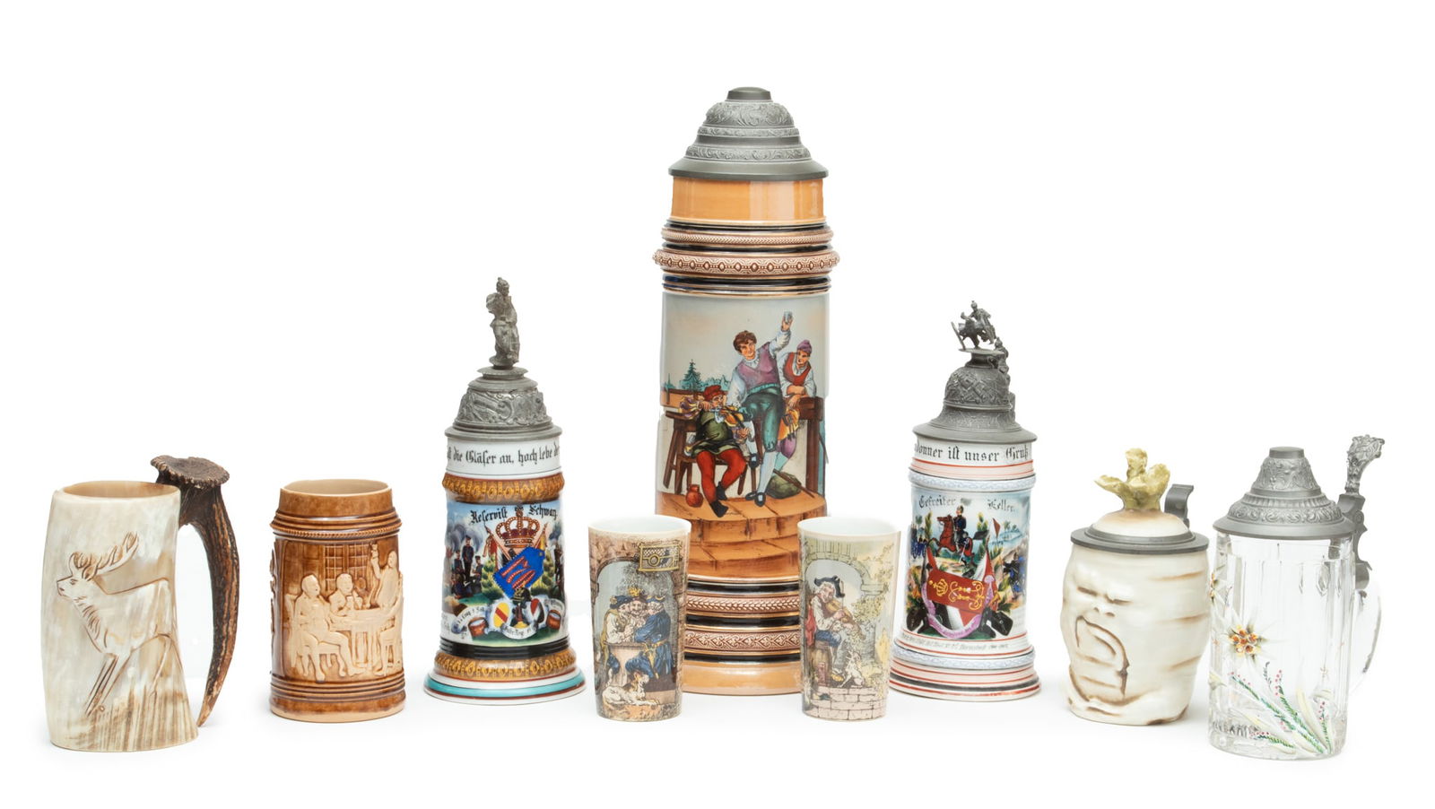 German Ceramic Beer Steins And Drinking Cups, Ca. 20th C., H 5" To 16 ...