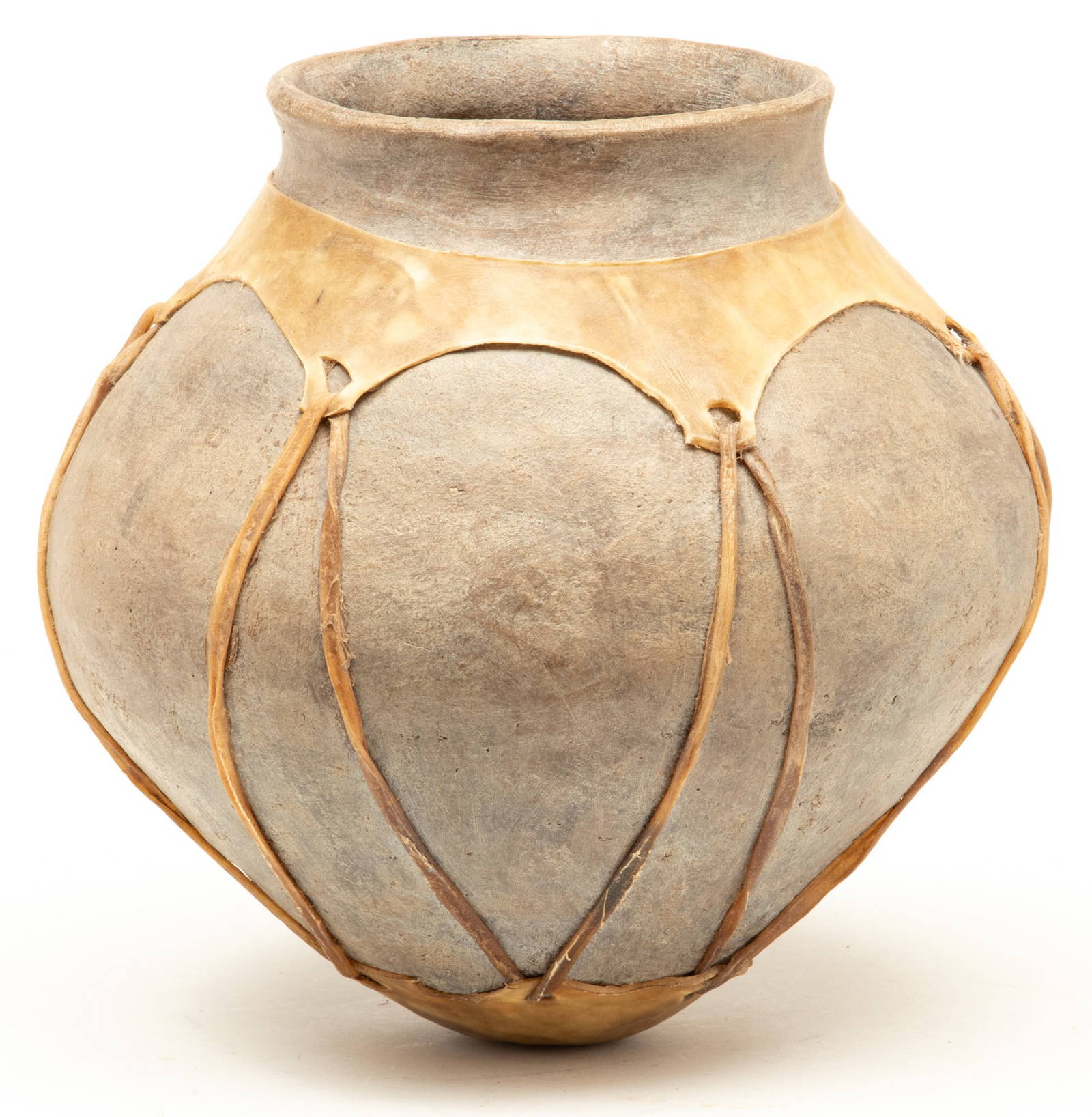 Southwest Apache Indian Pit Fired Pot With Hide H 10" Dia. 9" Auction