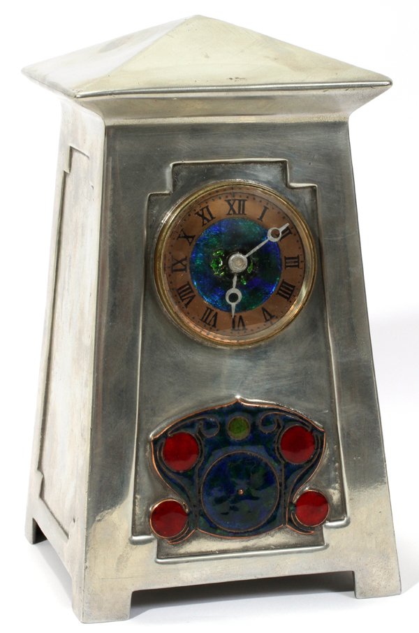 071001: LIBERTY & CO. 'TUDRIC' PEWTER & ENAMEL CLOCK, E