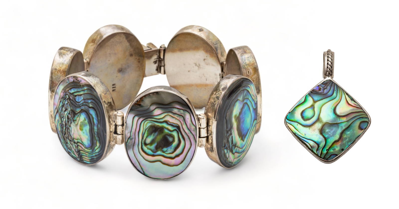 925 Sterling Oval Link Bracelet, Abalone Nacre + Pendant W 1.2" L 7 ...