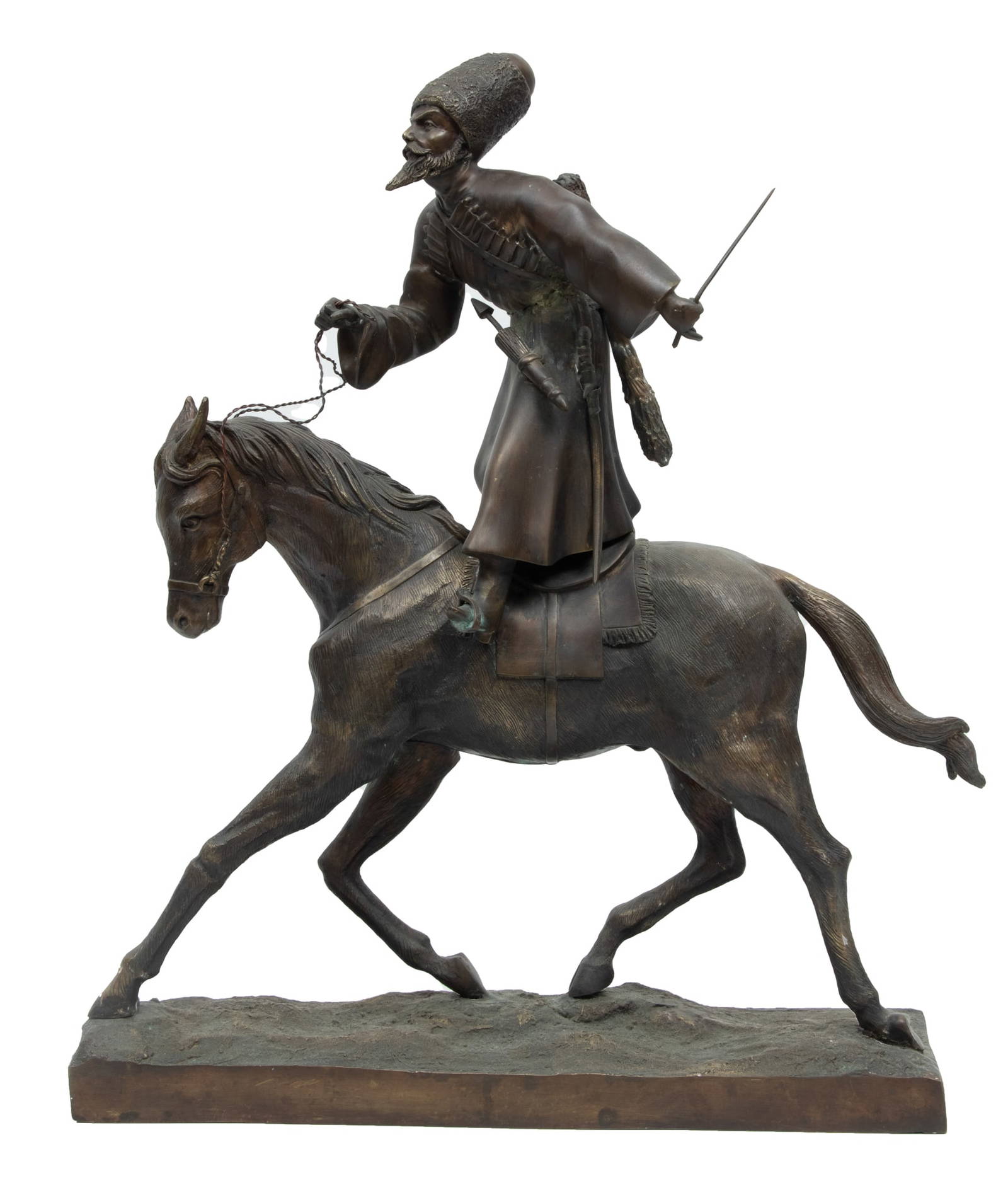 Russian Bronze Sculpture, Cossack On Horseback, H 26" W 7" L 20" Auction