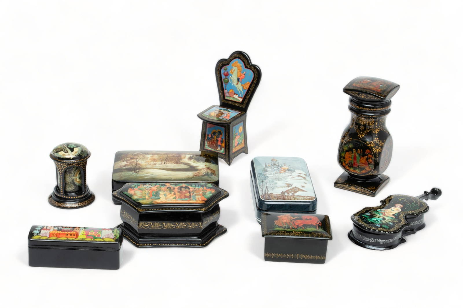 Nine (russian) Black Lacquered Boxes And What-nots 2" To 4.5" Auction