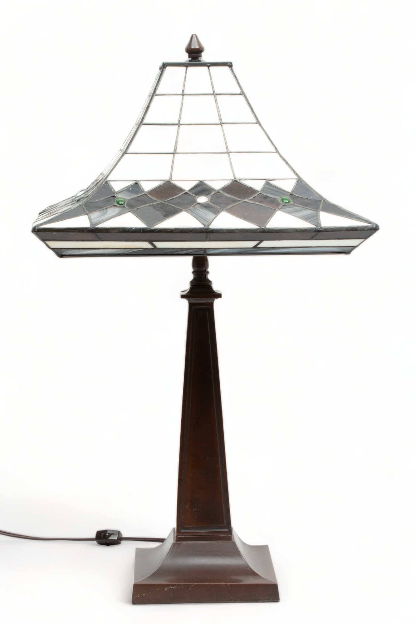 Square Leaded Glass Shade Table Lamp, Black On White H 27" W 15" Auction
