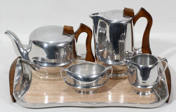 Picquot Ware Maple & Aluminum Tea & Coffee