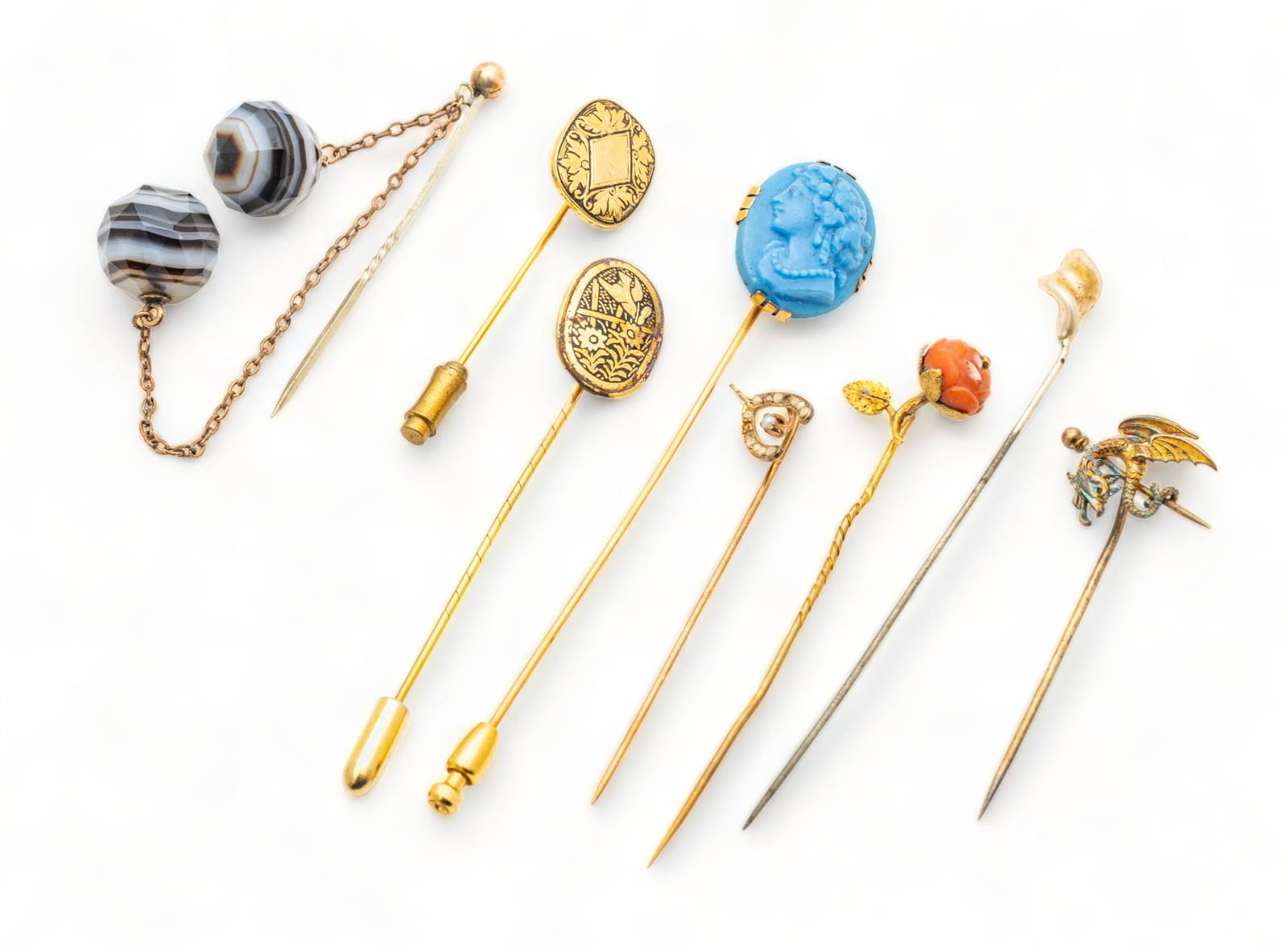 Victorian Tie Pins (8), Blue Cameo, Agate, Coral, Shell, Gold Filled ...