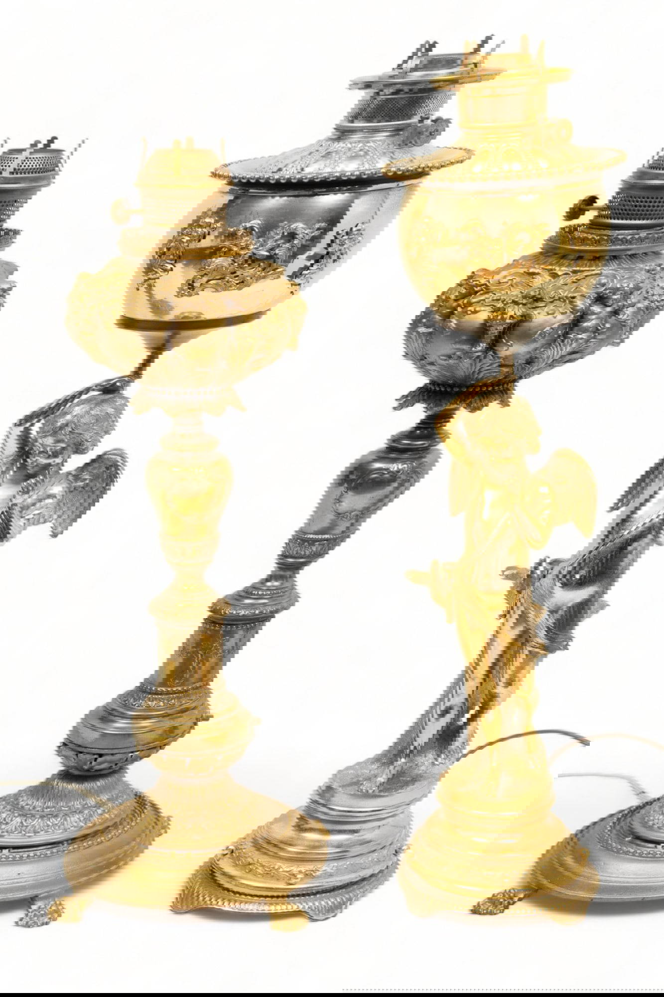 Brass Oil Lamp Bases, H 27" And H 24" 2 Pcs Auction