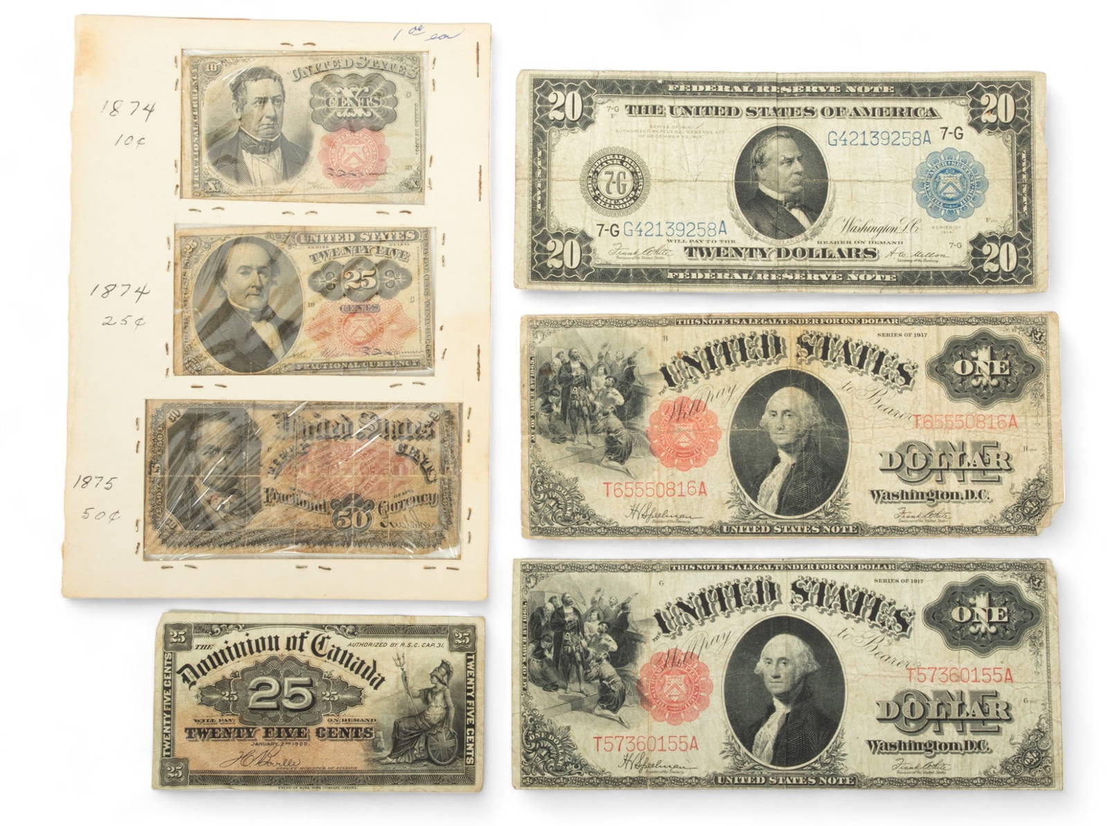 U.s. Federal Reserve Notes And Factional Currency, 1874-1917, 7 Pcs Auction
