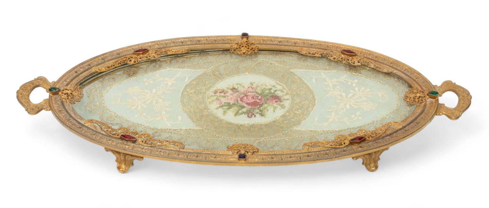 Silvercraft Glass, Lace & Gilt Metal Frame Vanity Tray, Ca. 1930, W 7 ...