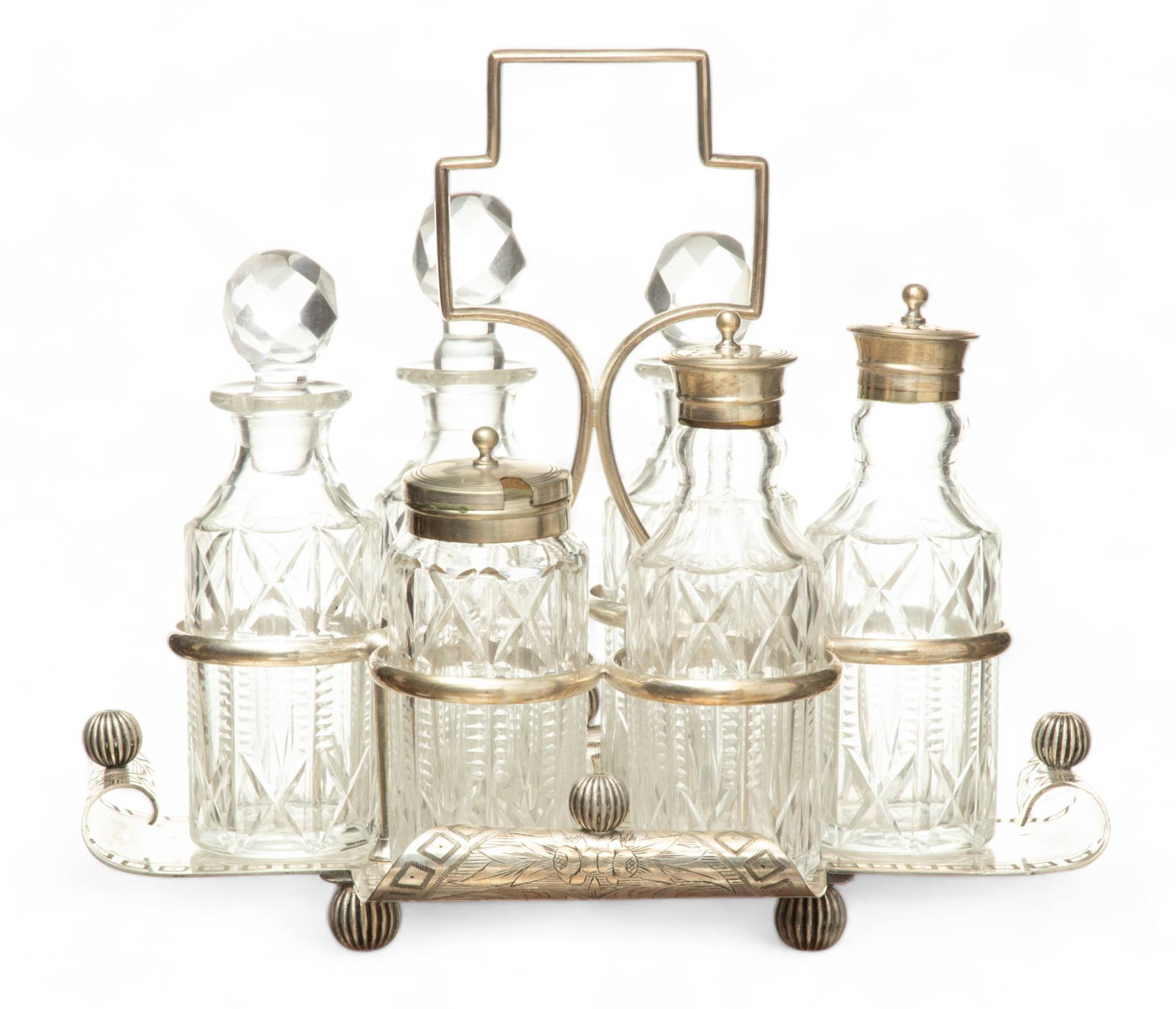 English Sheffield Silver Plate Condiment Frame, 6 Crystal Bottles Ca ...