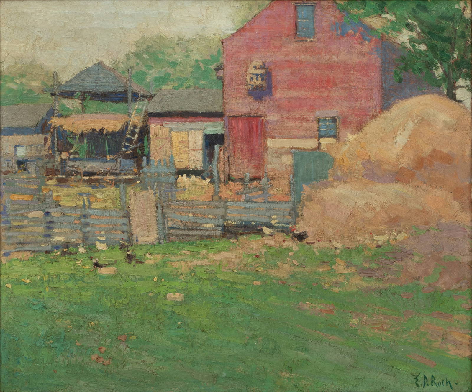 Ernest Roth (american, 1879-1964) Oil On Canvas, Red Farmhouse H 22" W ...
