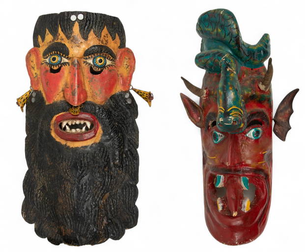 Mexico, Copper And Carved Wood Polychrome Folk Masks, Ca. 20th Century ...