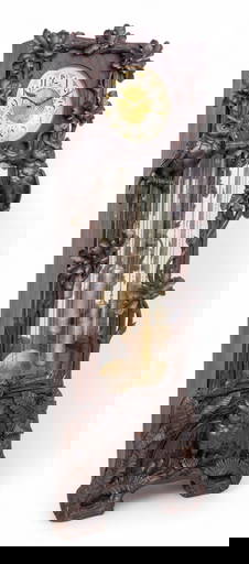 German Black Forest Wood Grandfather Clock, Horned Owl & Oak Leaves, Ca ...