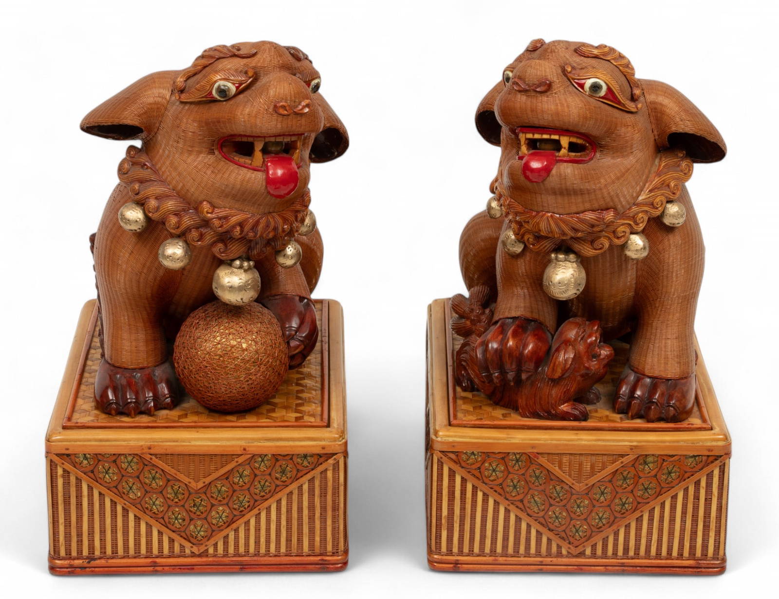 Chinese Shanghai Handwoven Cane & Wood Foo Dog Covered Boxes, H 15" W 8 ...