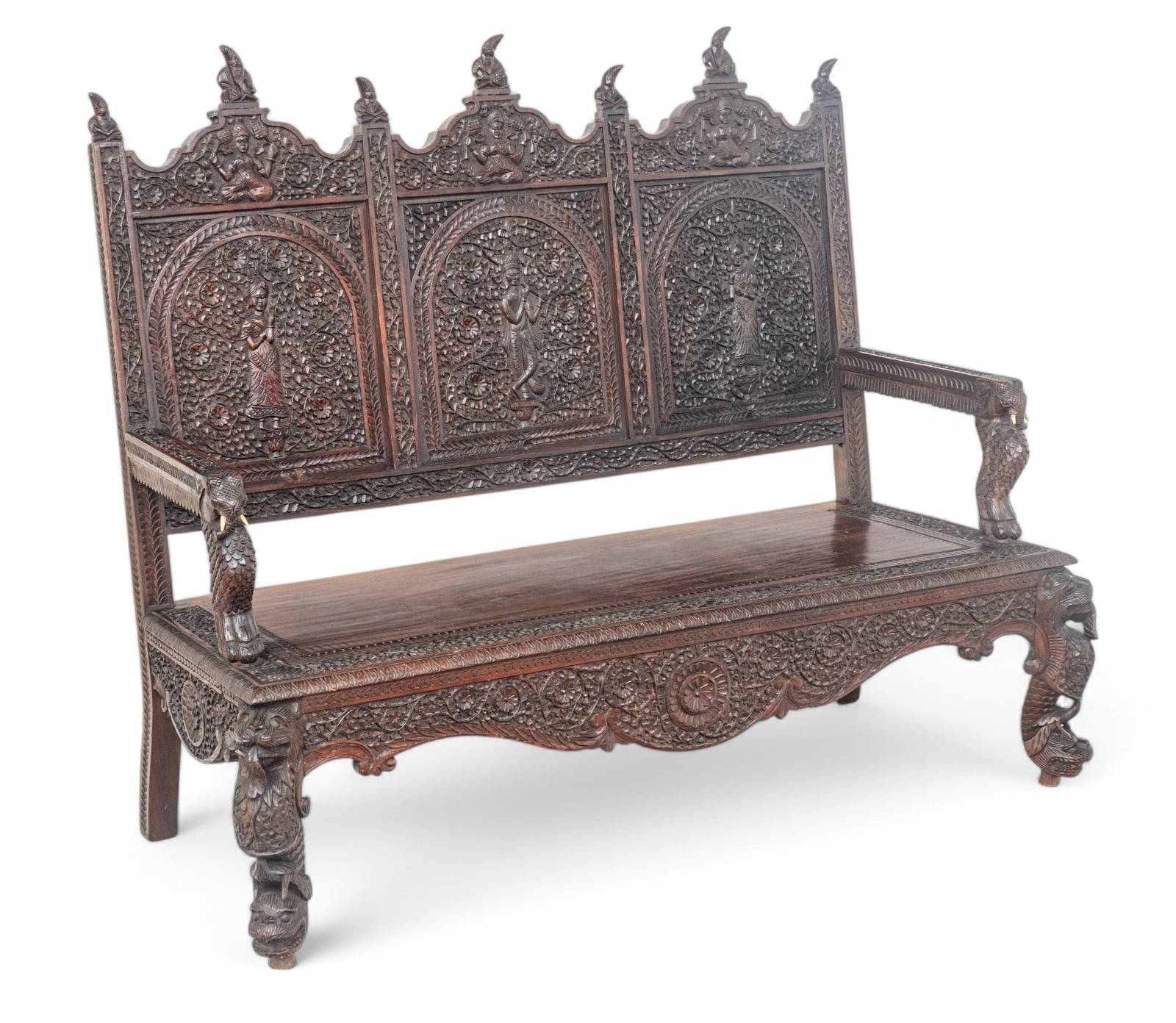 Ceylonese Carved Teakwood Veranda Bench, Ca. 1880s H 45.5" W 56" Depth ...