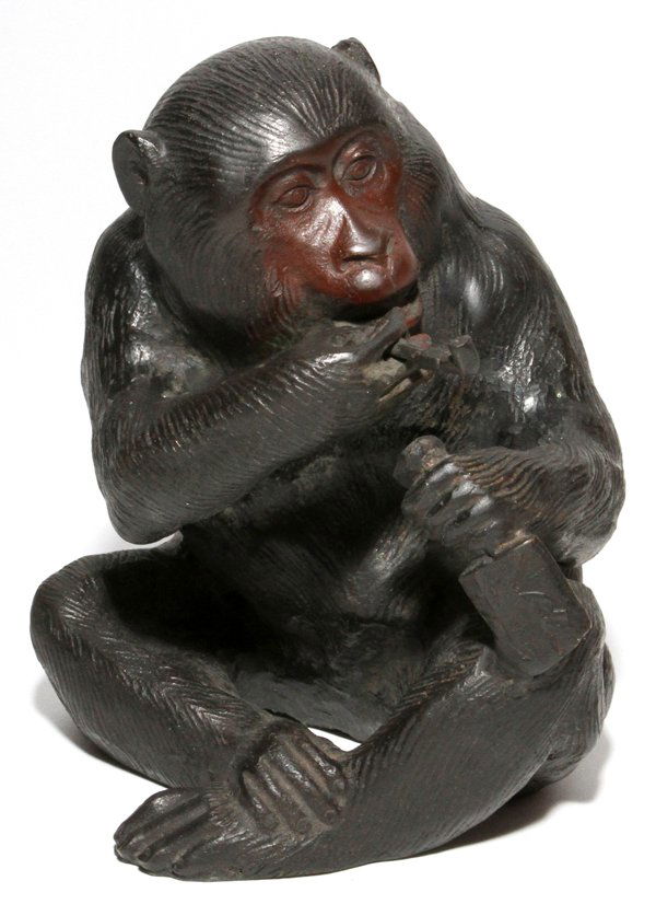 JAPANESE BRONZE FIGURE OF MONKEY SMOKING A PIPE