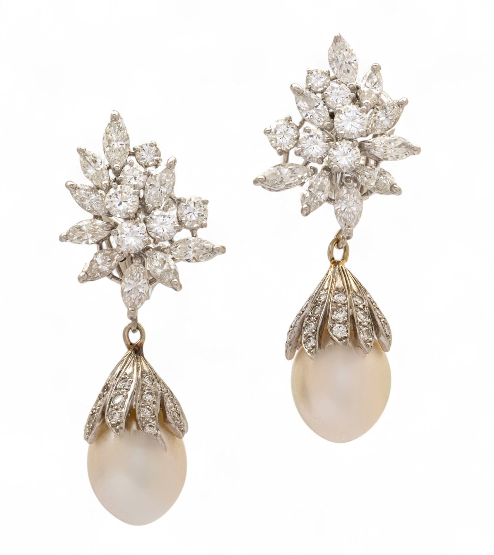 Pair Of Platinum, South Sea Pearl, And Diamond Drop Ear Clips H 2" W 0. ...