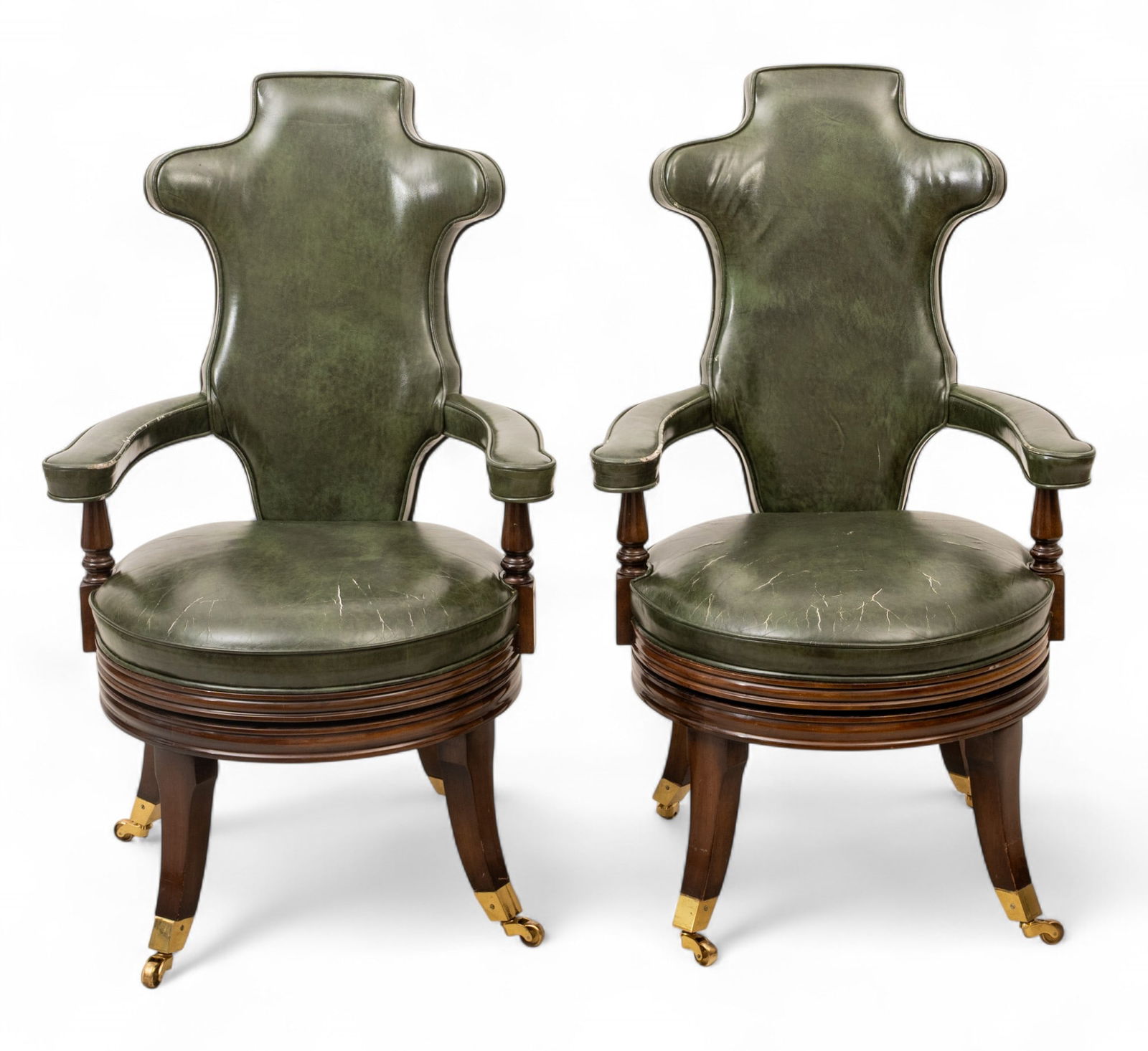 Violin Back Green Leather And Mahogany Swivel Arm Chairs 1980 Depth 22 ...