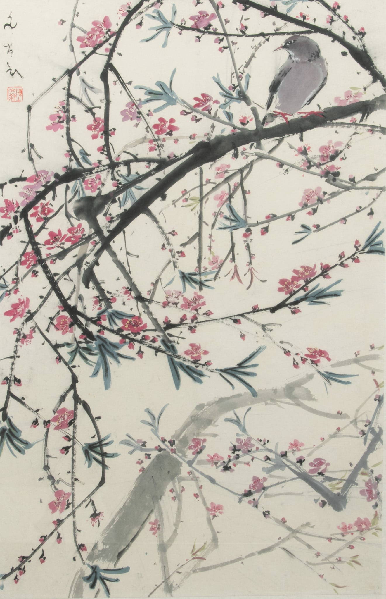 Wenxi Chen (chinese, 1906-1991) Ink And Gouache On Paper, 'songbird And Cherry Blossoms' H 26.5 ...
