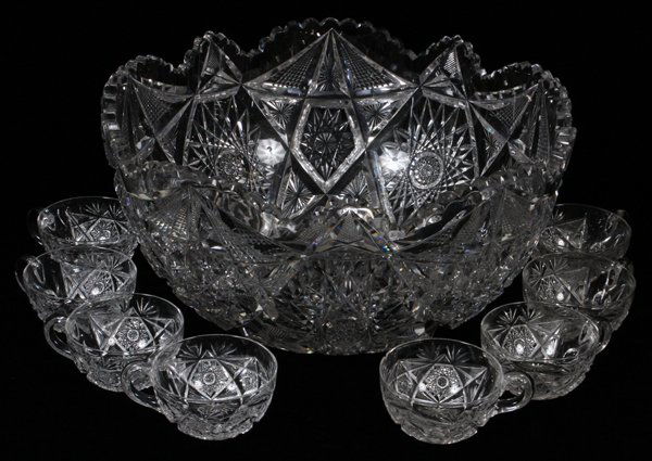 CUT CRYSTAL PUNCH BOWL, C. 1900, DIA 14"