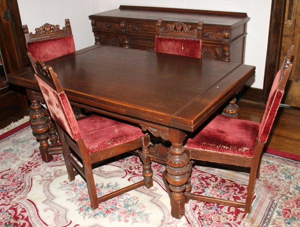 JACOBEAN STYLE CARVED OAK DINING SET