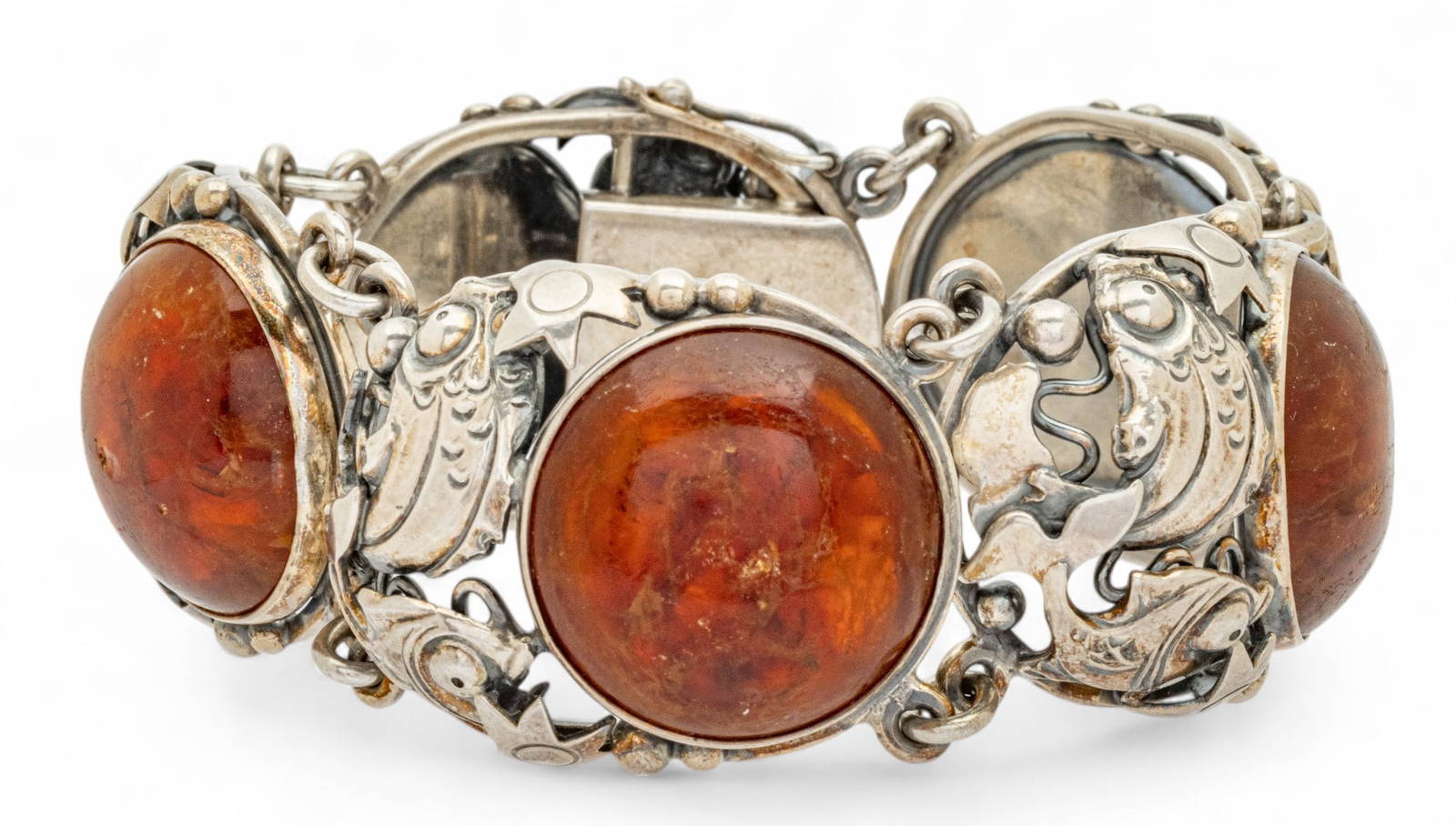 Nefrom (denmark) Sterling Silver And Amber Link Bracelet W 1" L 7" Auction