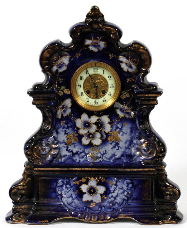 FRENCH BLUE PORCELAIN MANTLE CLOCK 19TH C H 20"