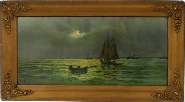 PAUL R KOEHLER PAINTING OF SAIL BOATS AT NIGHT