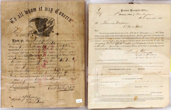 U.S DOCUMENTS CIVIL WAR DRAFT NOTICE & DISCHARGE