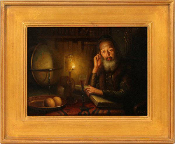 Judaic Oil, Modern Rabbi Studing By Candlesight