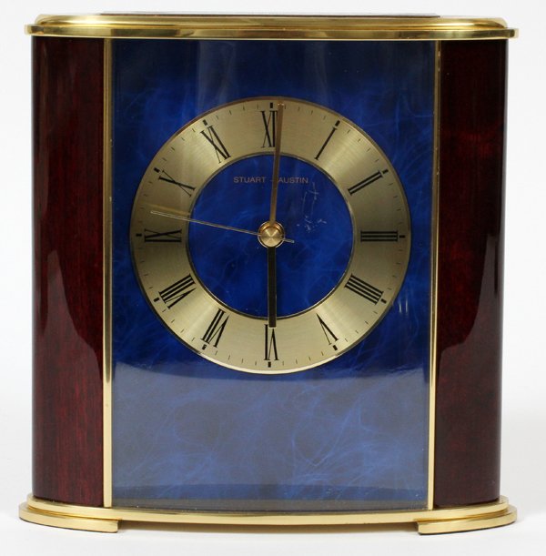 STUART AUSTIN BRASS & ENAMEL MANTEL CLOCK