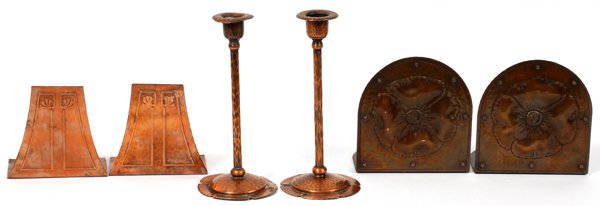 Roycroft Copper Candlesticks & Bookends Six Pieces