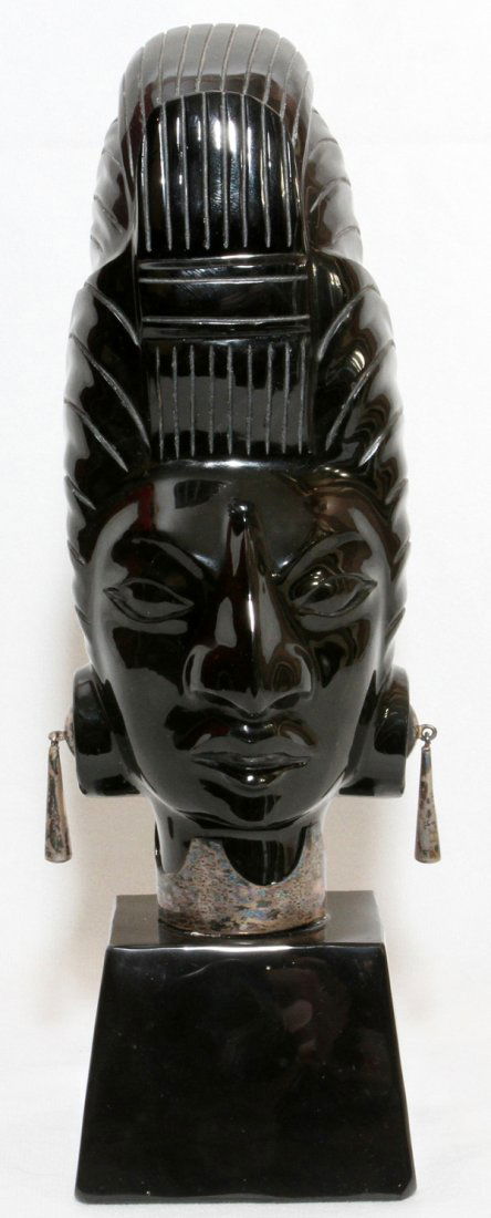 MEXICAN CARVED OBSIDIAN MAYAN HEAD W/ STERLING