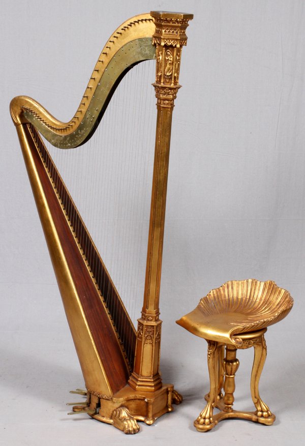 BROWNE & BUCKWELL GILT WOOD HARP & STOOL C. 1873-78