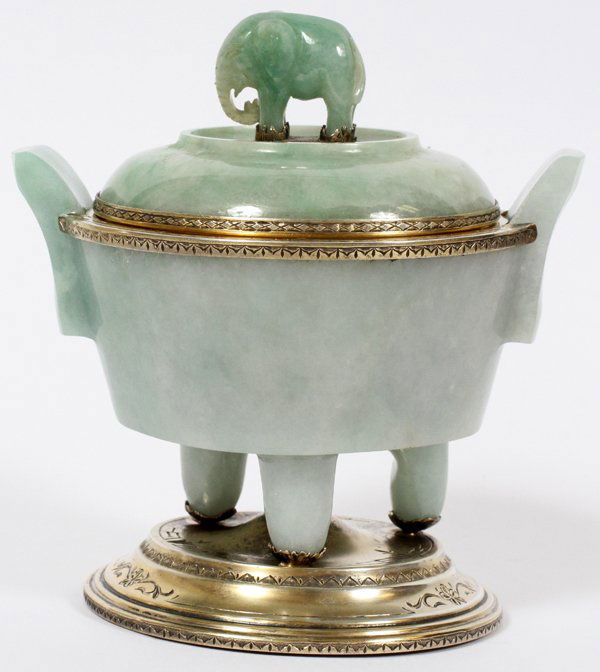 EDWARD FARMER STERLING&CHINESE JADE COVERED INKWELL