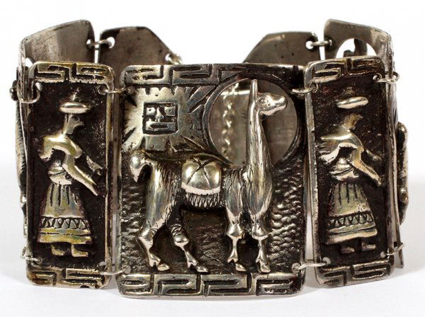 PERUVIAN STERLING SILVER BRACELET, LLAMAS & FIGURES