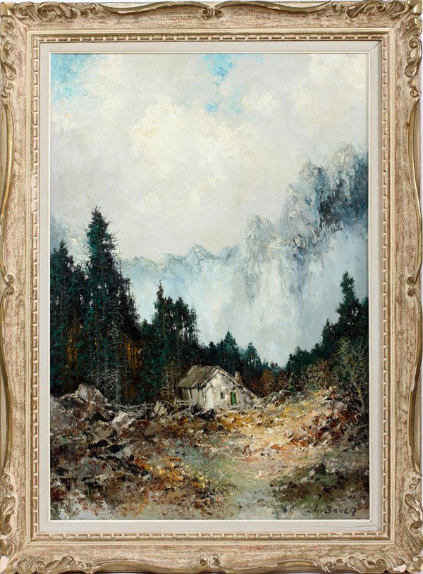Willi Bauer Oil On Canvas, Cabin In Mountain
