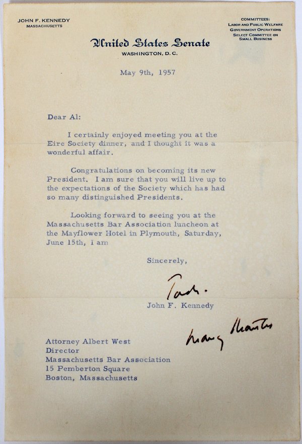 SENATOR JOHN F. KENNEDY SIGNED LETTER 1957