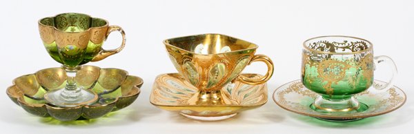 MOSER ENAMELED GLASS CUPS & SAUCERS THREE SETS