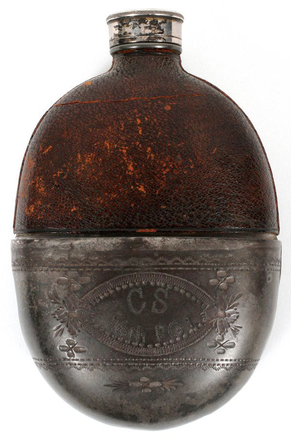 CONFEDERATE CIVIL WAR GLASS, PEWTER & LEATHER FLASK