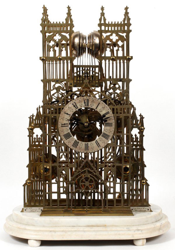 ENGLISH TRIPLE FUSEE BRASS CATHEDRAL SKELETON CLOCK